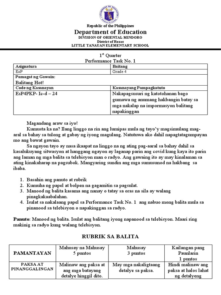 Department of Education: Esp Grade 4 | PDF