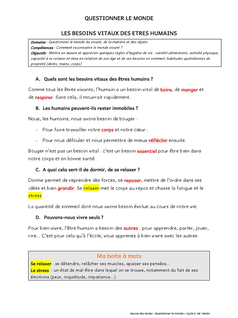 Les Besoins Vitaux Des Êtres Humains Correction | PDF