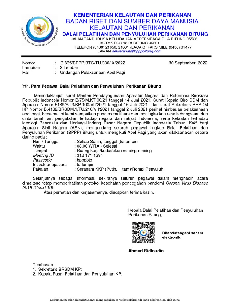 Undangan Apel Pagi BPPP Bitung | PDF