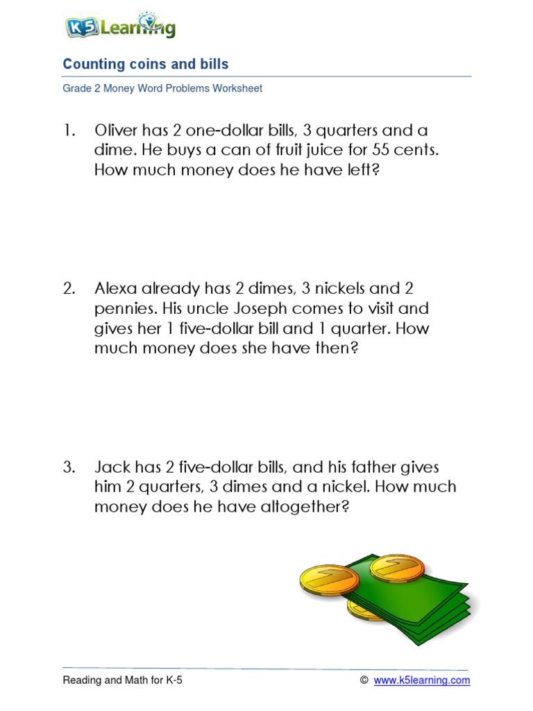 Counting Coins and Bills: Grade 2 Money Word Problems Worksheet | PDF