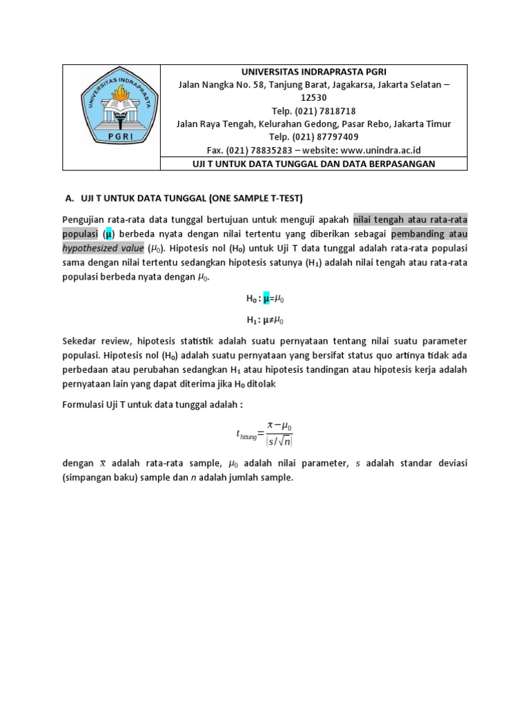 Uji T: Data Tunggal dan Berpasangan | PDF