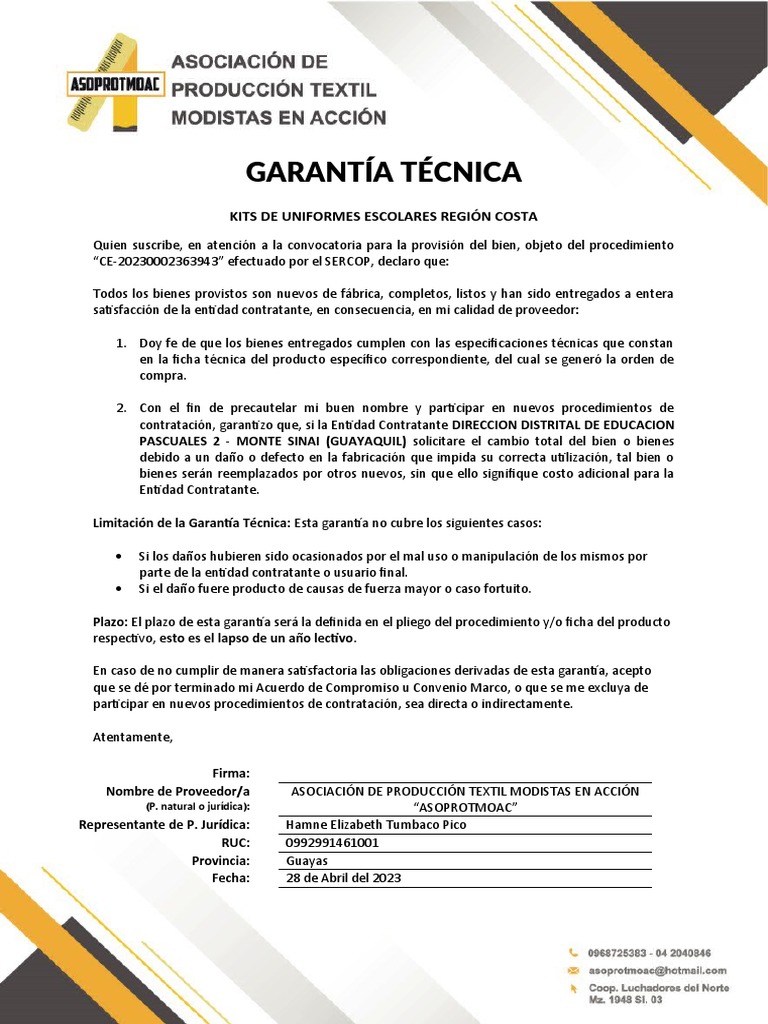 Garantía Técnica Kits Uniformes Escolares | PDF