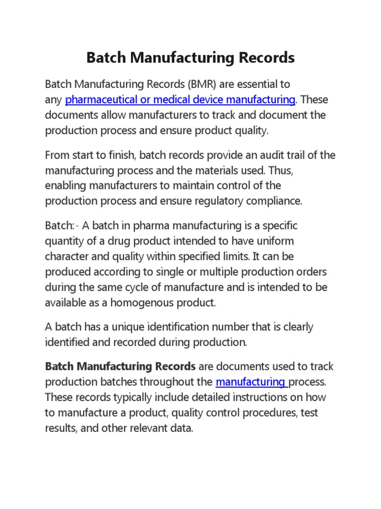 Batch Manufacturing Records | PDF | Packaging And Labeling | Specification (Technical Standard)