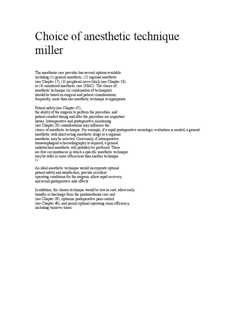 Choice of Anesthetic Technique Miller | PDF | Anesthesia | Clinical ...