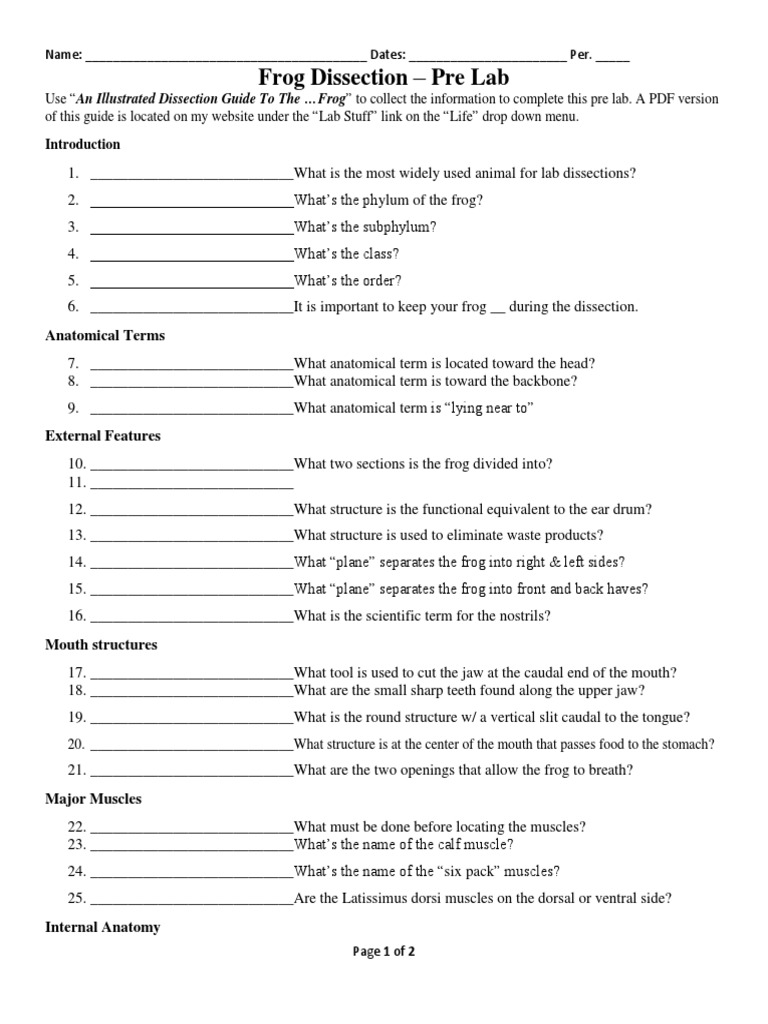 Frog Dissection - Pre Lab: Anatomical Terms | PDF | Heart | Anatomical ...