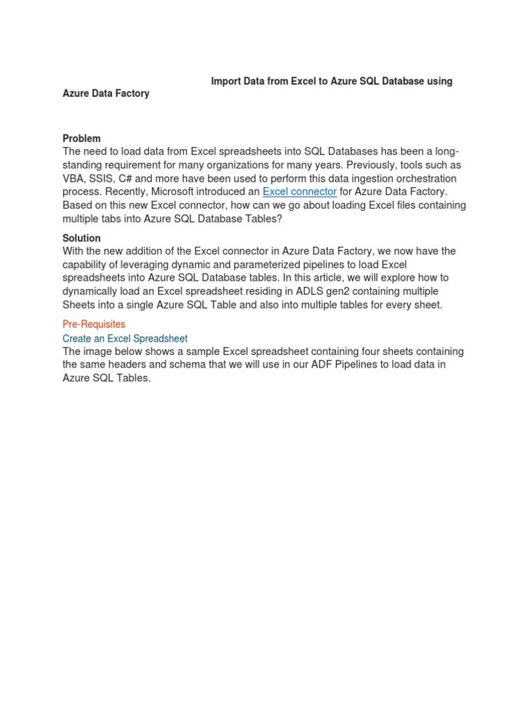Import Data From Excel To Azure SQL Database Using Azure Data Factory | Download Free PDF ...