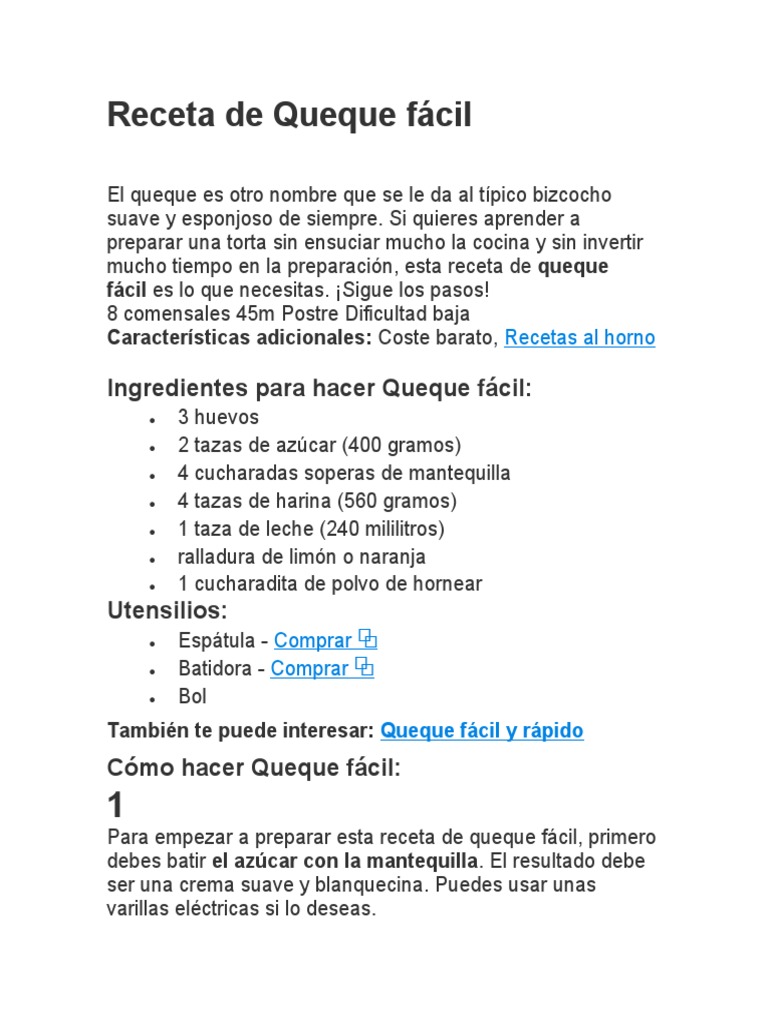 Receta de Queque Fácil y Esponjoso | PDF | Alimentos | Cocina