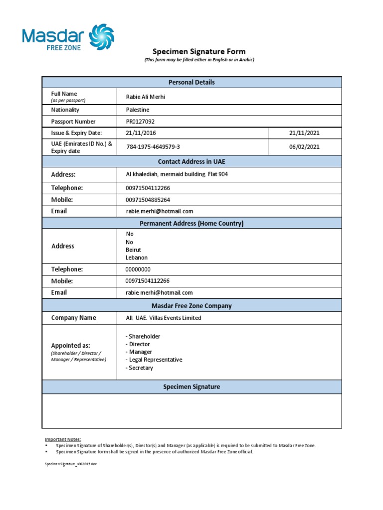 Specimen Signature Form: Personal Details | PDF