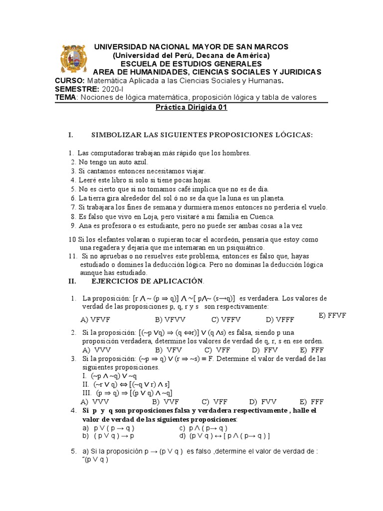 Practica Dirigida - S1 | PDF | Proposición | Lógica