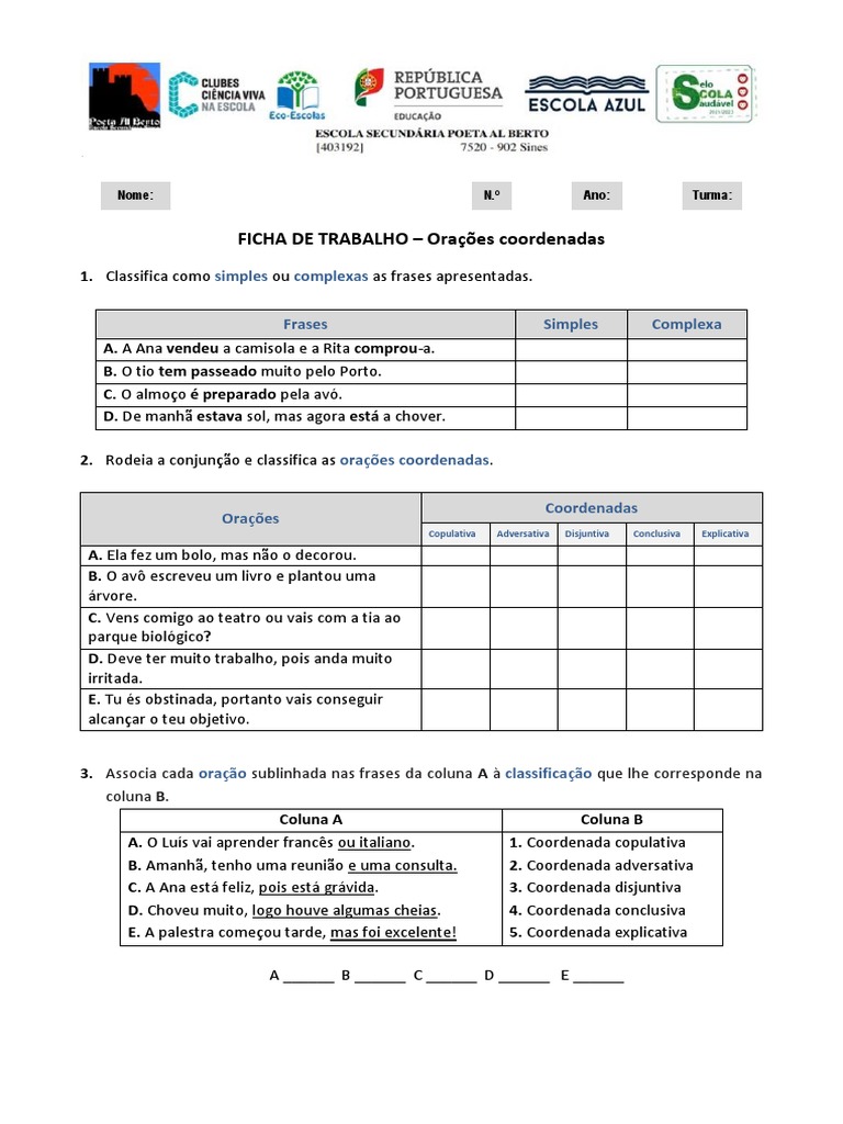 Ficha de Trabalho - Orações Coordenadas | PDF
