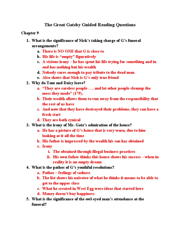 Great Gatsby Chapter 9 Guided Questions | PDF