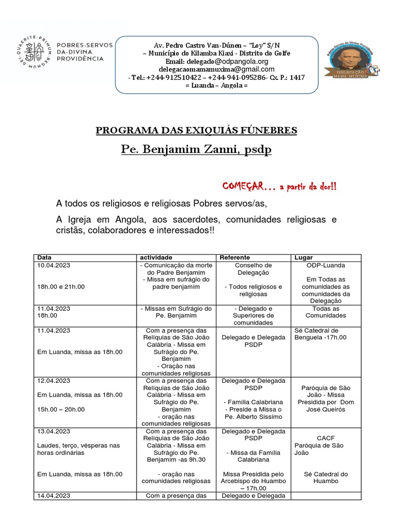 Programa das Exéquias do Pe. Benjamim | PDF | Missa (liturgia) | Igreja ...