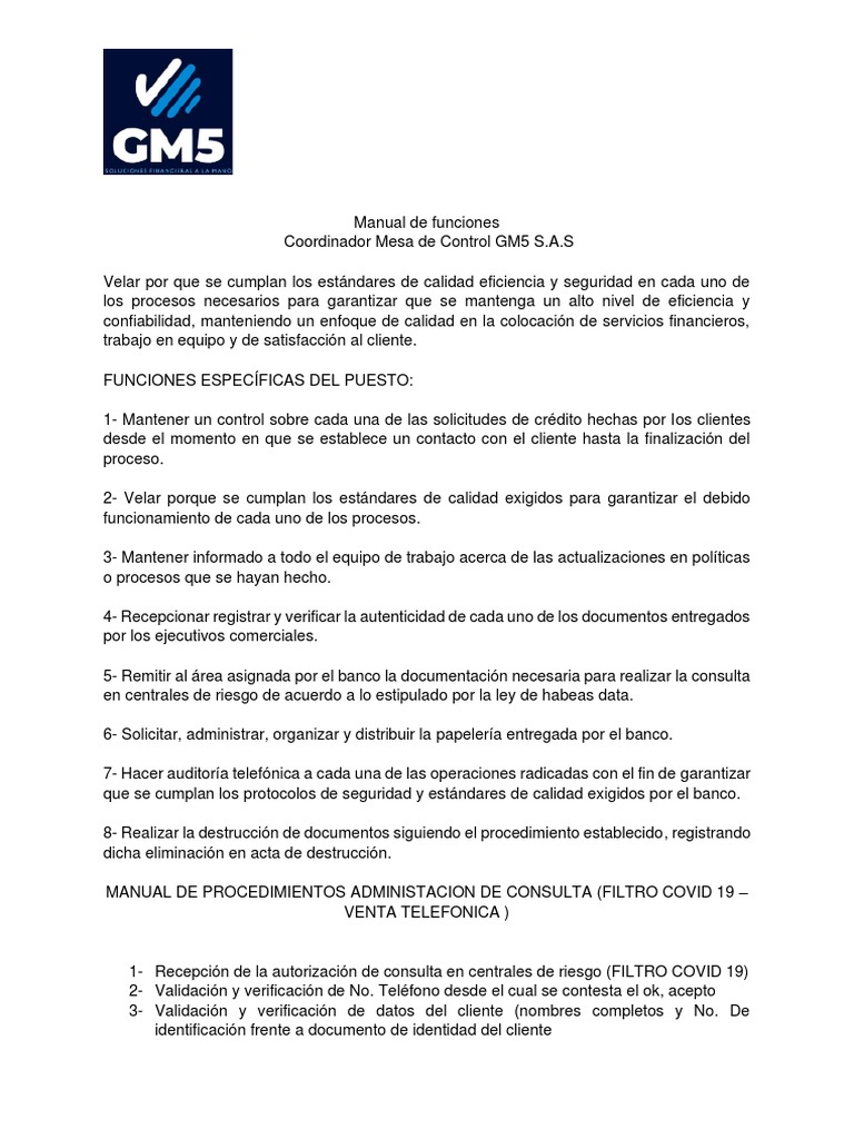 Manual de Funciones Coordinador Mesa de Control | PDF | Bancos
