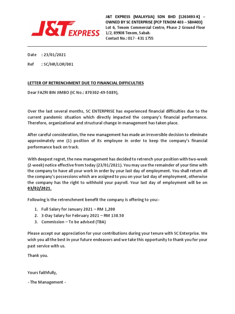 Letter of Retrenchment - Fazri_2 | PDF