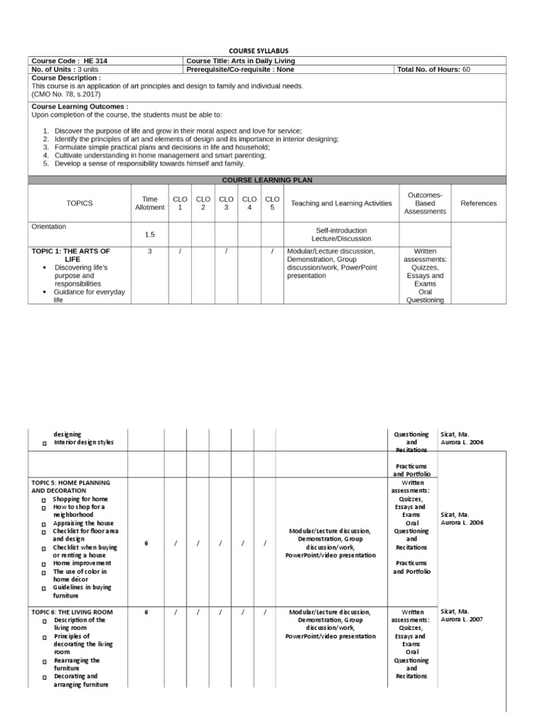 Arts in Daily Living Syllabus | PDF