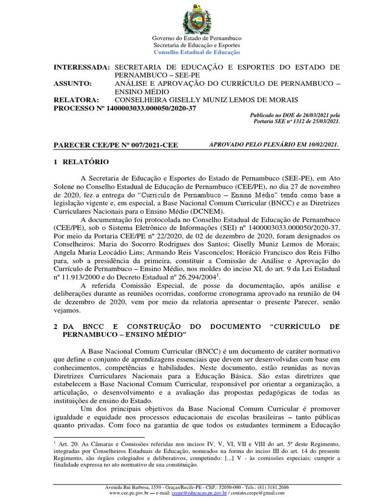 PARECER CEE - PE #007.2021 CEE Currículo Do Ensino Medio | PDF | Science | Sociologia