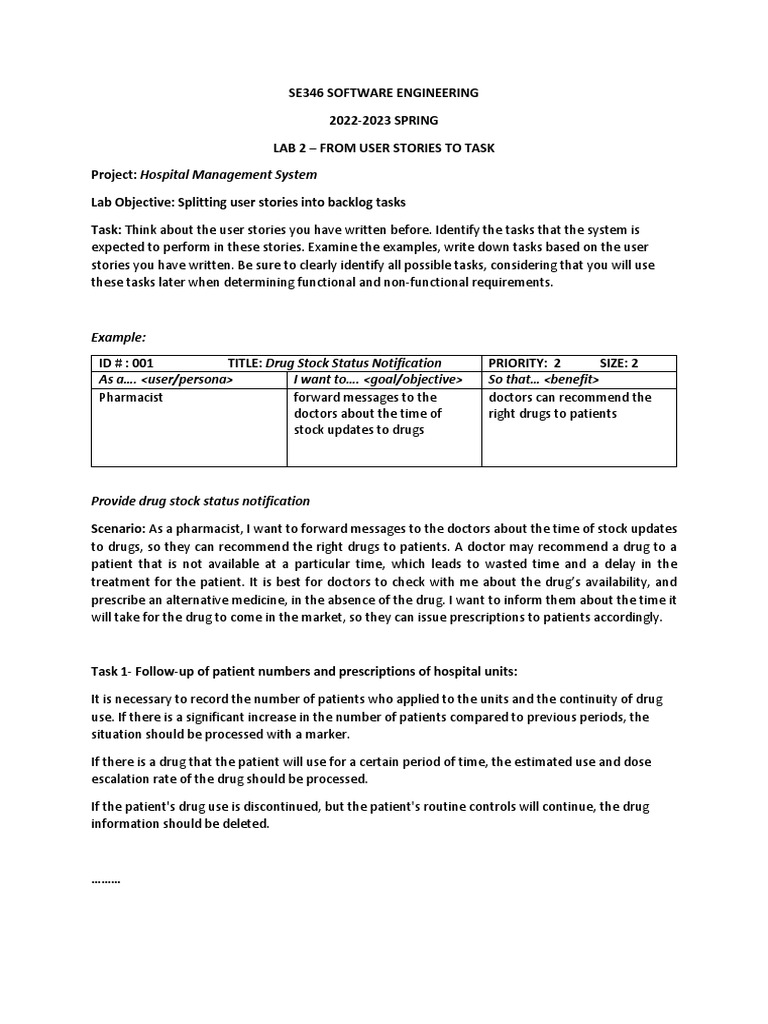 Lab 2 - From User Stories To Task | PDF | Medical Prescription | Pharmacy Lab 2 - From User Stories To Task | PDF | Medical Prescription | Pharmacy