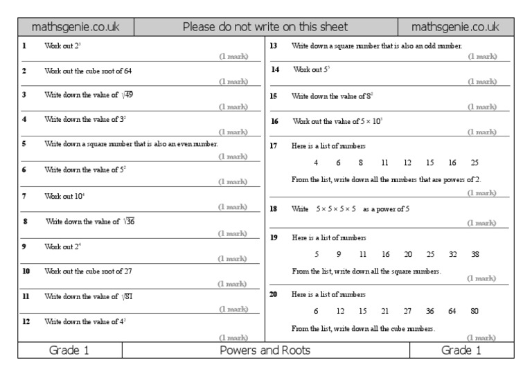 Mathsgenie - Co.uk Mathsgenie - Co.uk Please Do Not Write On This Sheet ...