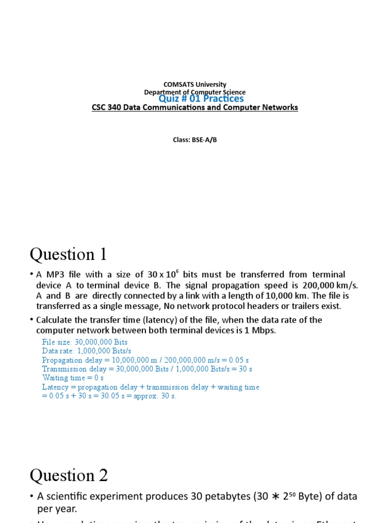 Quiz # 01 Practices: CSC 340 Data Communications and Computer Networks | PDF | Bit Rate ...
