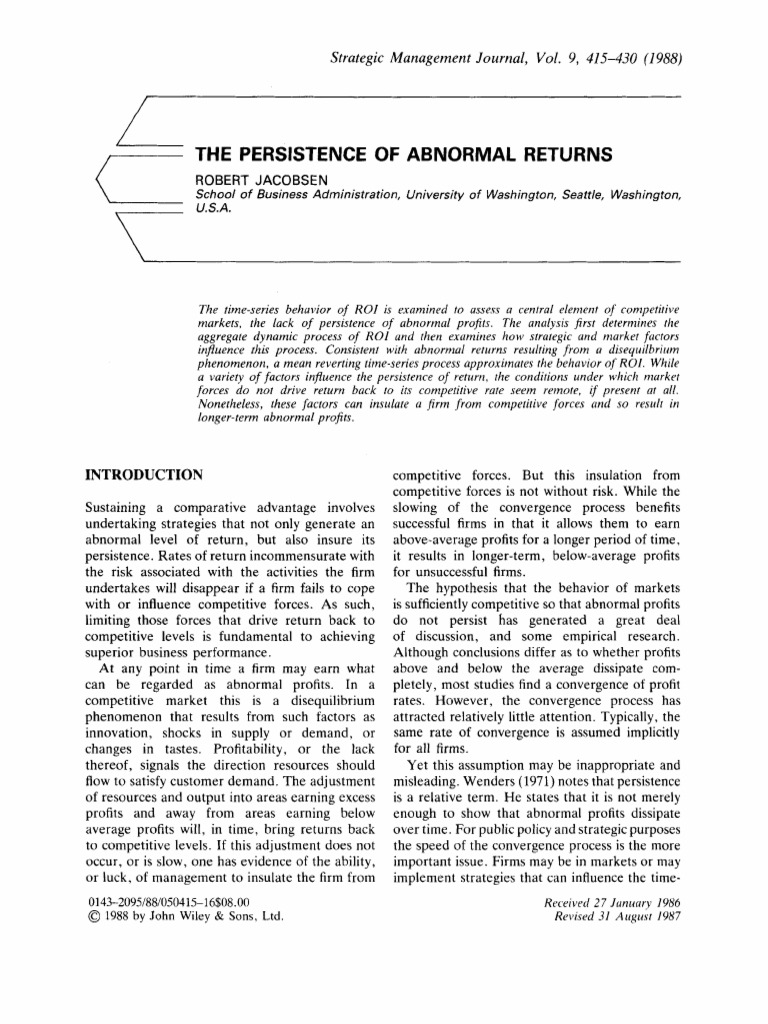 Jacobsen R 1988 The Persistence Of Abnormal Returns Strategic Management Journal Pdf