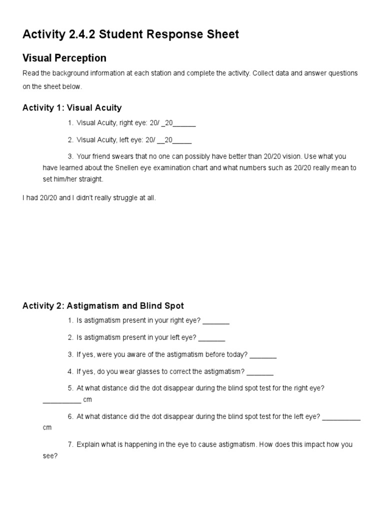 Student visual perception activity sheet | PDF | Visual Perception | Eye