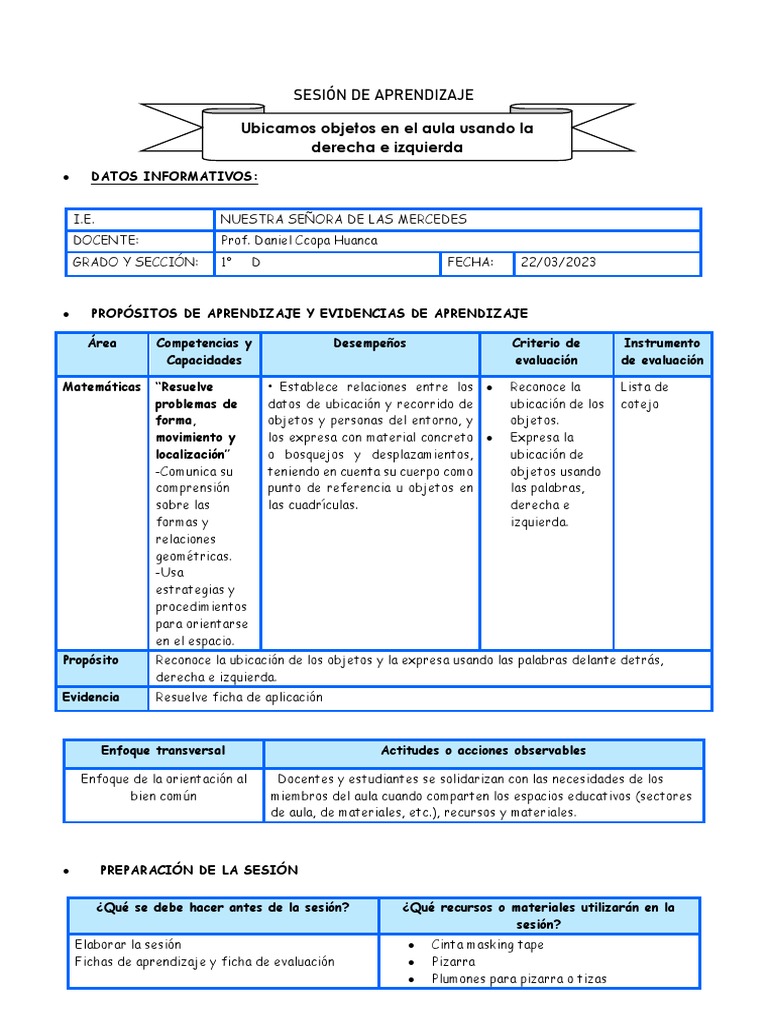 Ubicamos Objetos en El Aula Usando La Derecha e Izquierda: Sesión de Aprendizaje | PDF ...