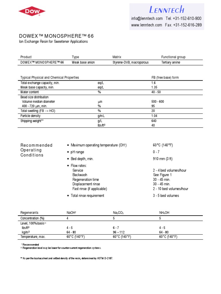 Dowex Monosphere 66 L | PDF | Ion Exchange | Dow Chemical Company
