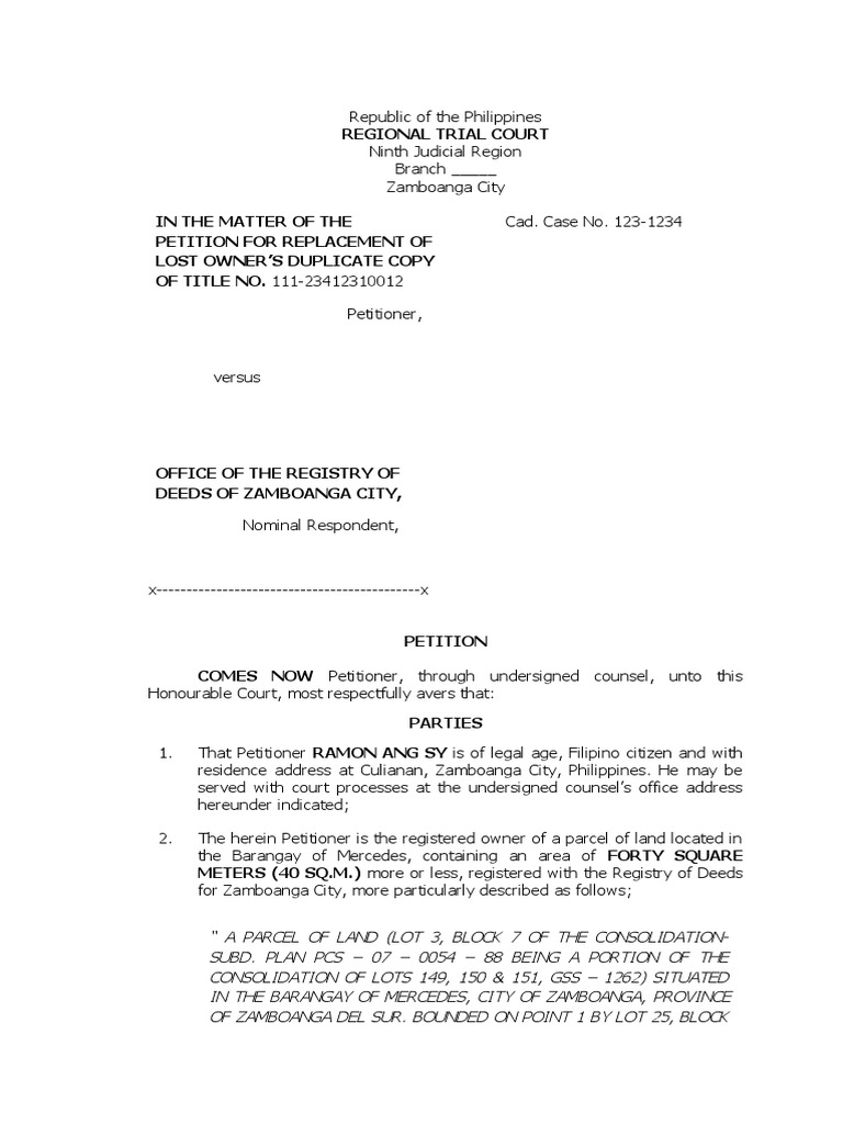 Sample Petition For Re Issuance of Lost Title | PDF | Common Law | Justice