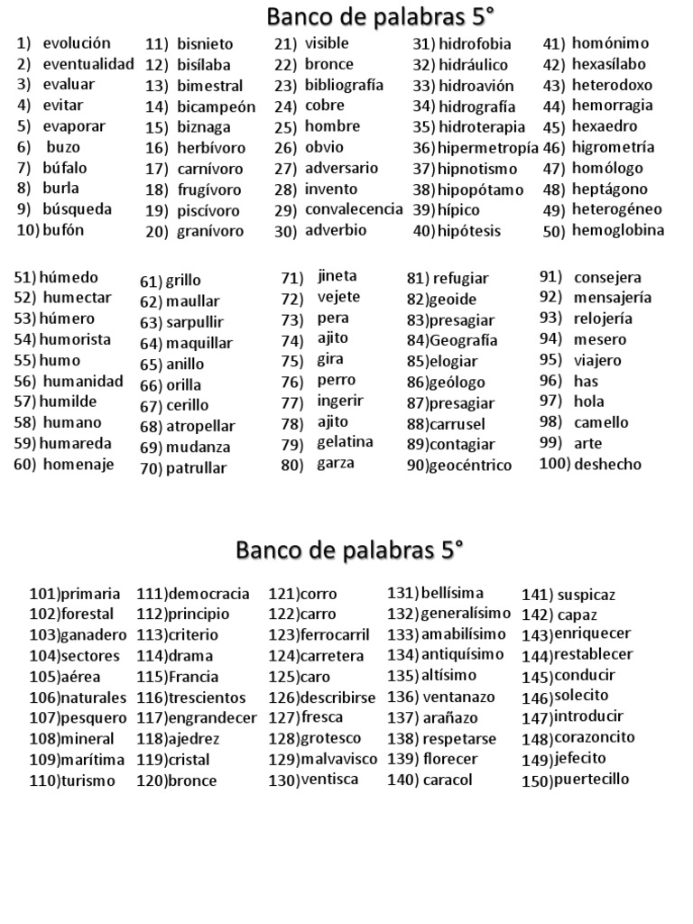 Práctica De Vocabulario De Quinto Grado Banco De Palabras 5to Grado