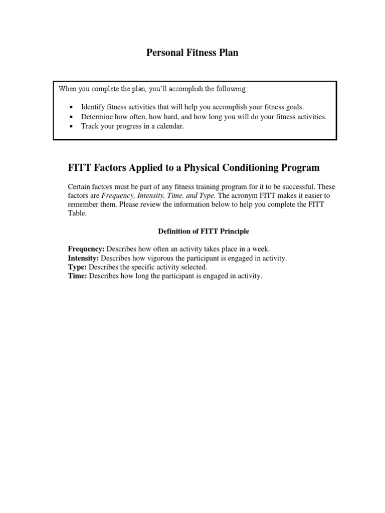 A Comprehensive Personal Fitness Plan Outlining Goals, Activities ...