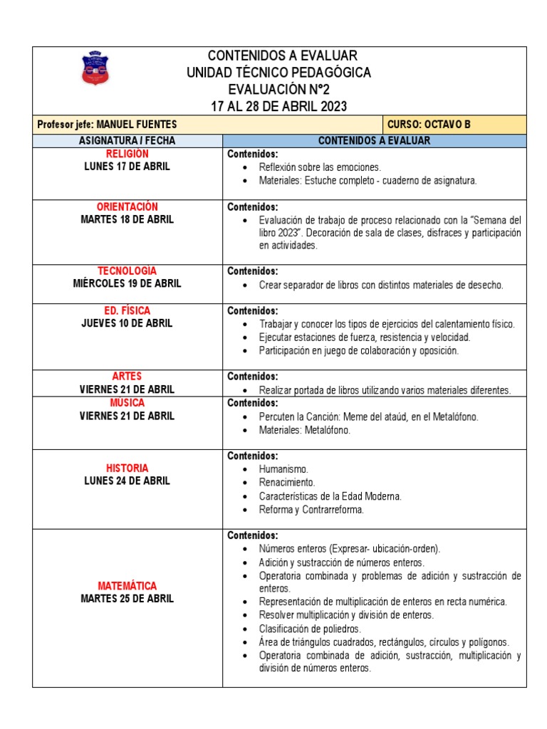 Contenido Ev. N°2 Octavo B | PDF