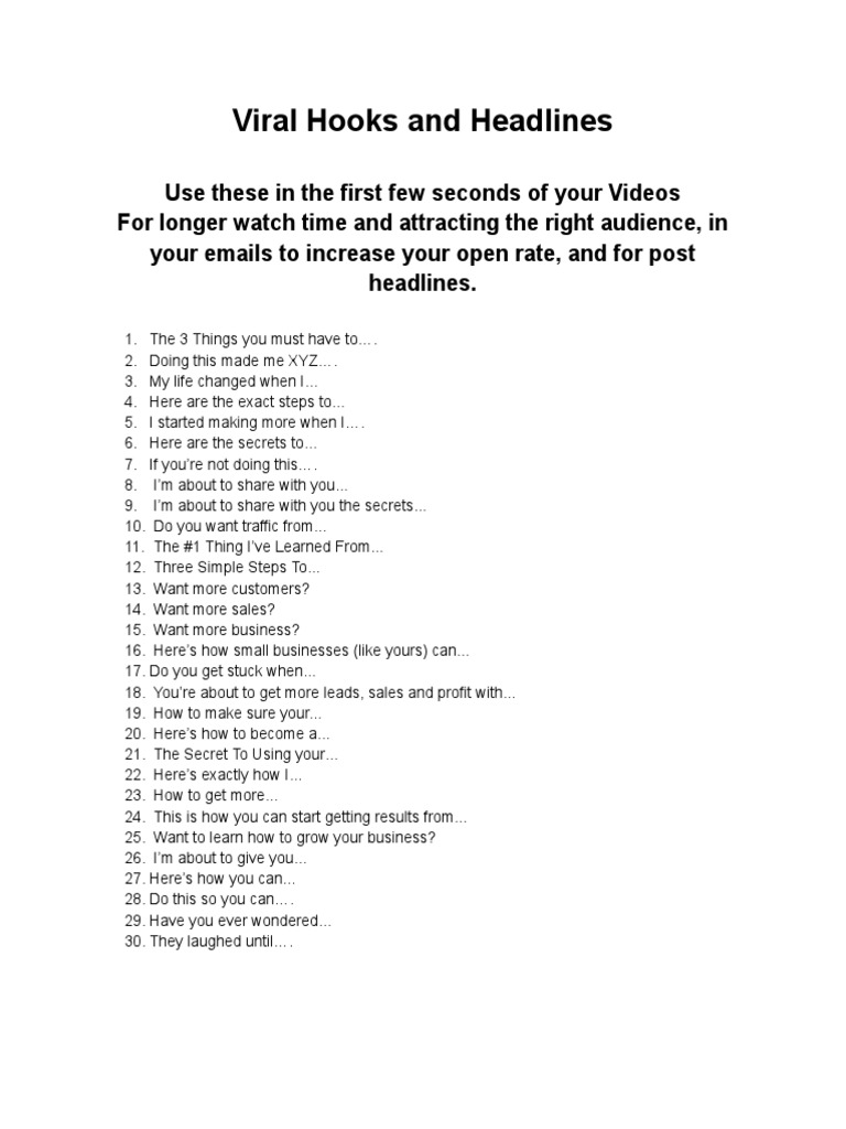 Viral Hooks For Video, Posts or Email Subject Line | PDF