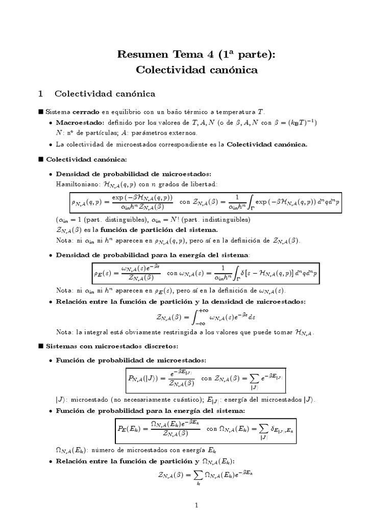 Resumen Tema 4 (1 Parte) : Colectividad Canónica | PDF | Química Física ...