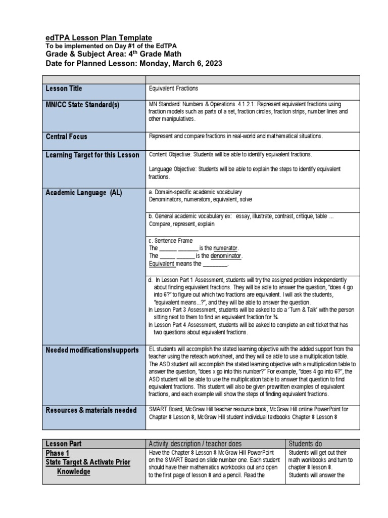 Edtpa Lesson Plans | PDF | Teachers | Worksheet