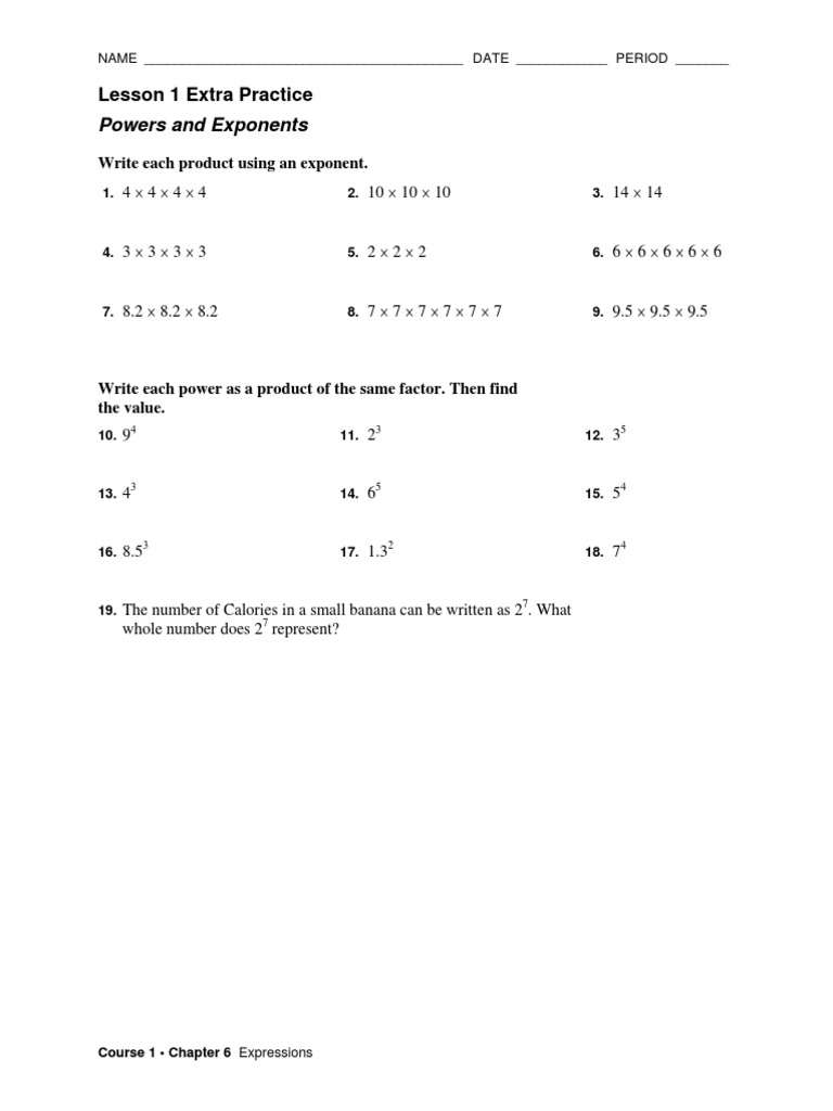 Powers and Exponents: Lesson 1 Extra Practice | PDF