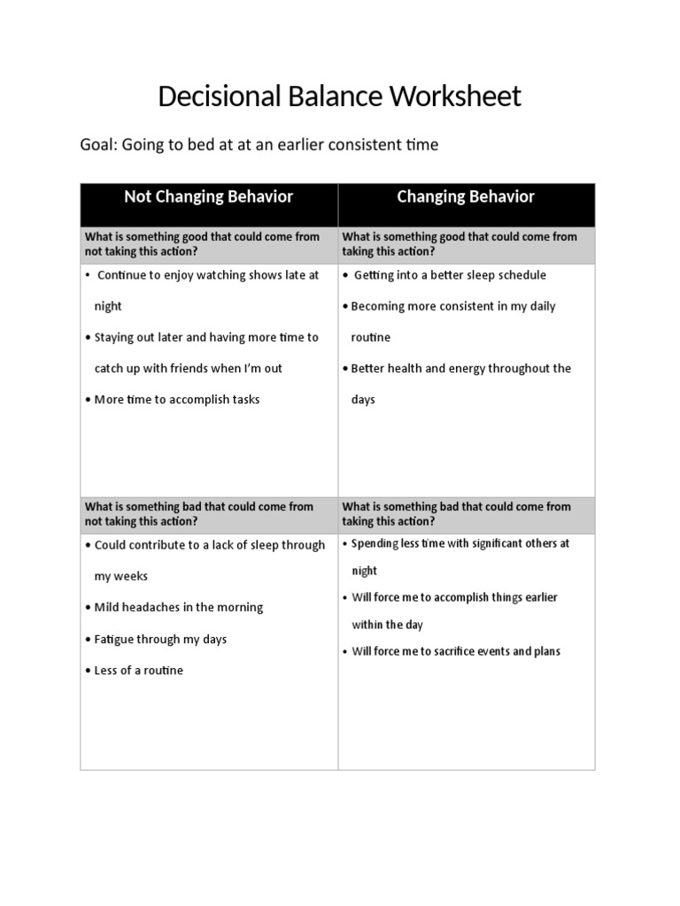 Decisional Balance Worksheet 1 2 | PDF | Psychological Concepts ...