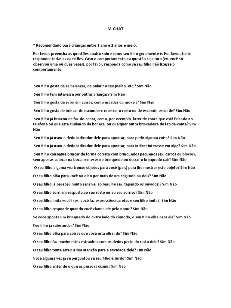 Escala M-Chat | PDF | Espectro do autismo | Brinquedos Escala M-Chat | PDF | Espectro do autismo | Brinquedos