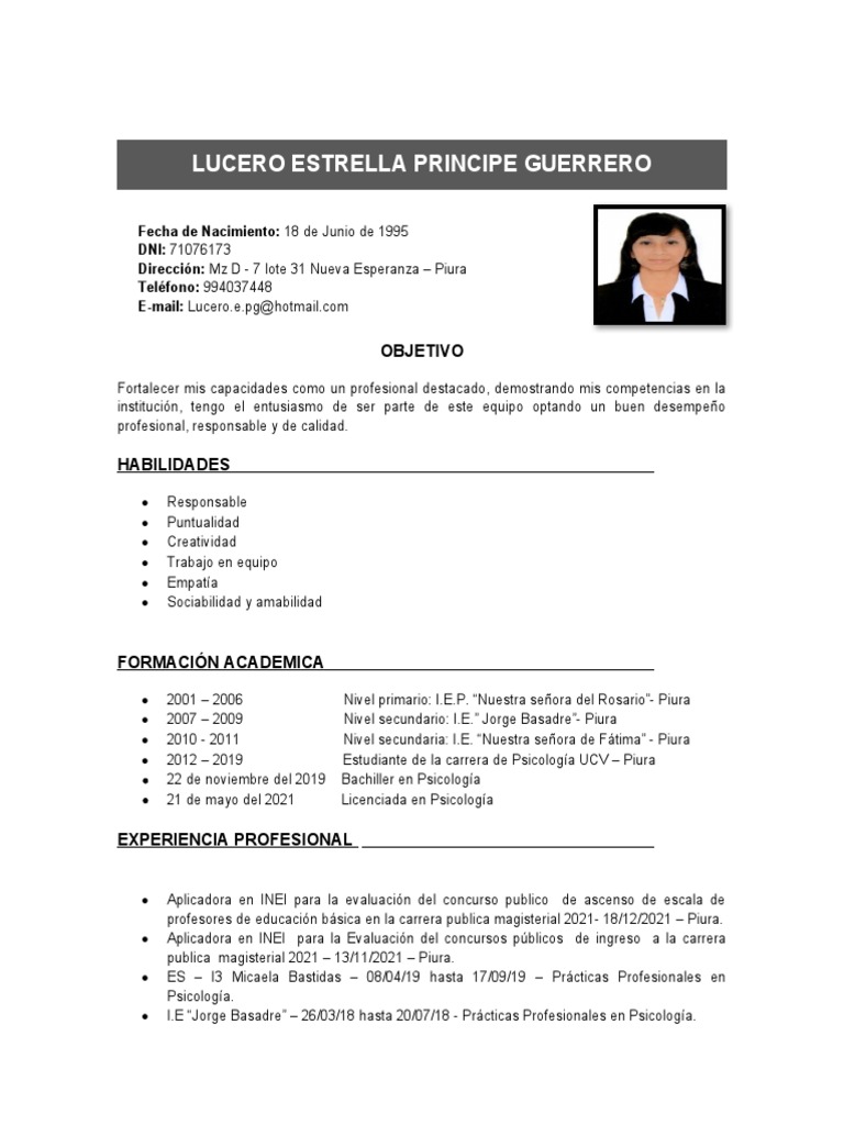 Currículum vitae de Lucero Estrella Príncipe Guerrero, licenciada en Psicología con experiencia ...