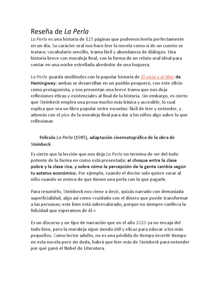 Reseña de La Perla: La Perla Es Una Historia de 125 Páginas Que Podemos Leerla Perfectamente ...
