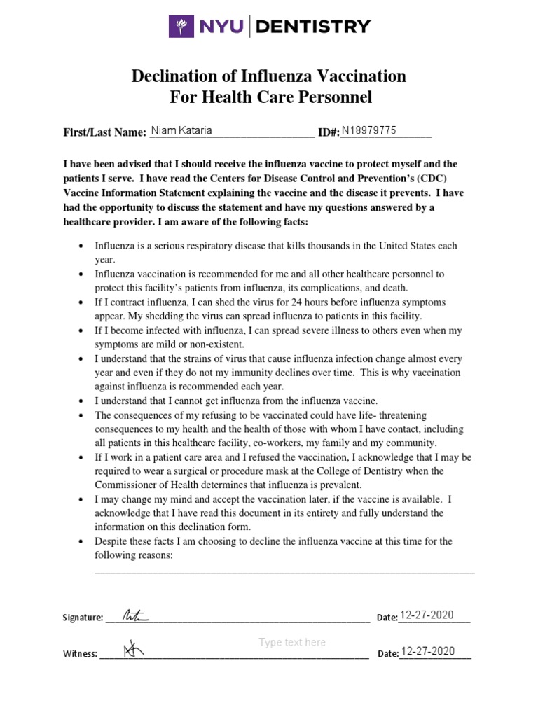 Influenza Declination Form 2019 (2957) | PDF | Influenza | Influenza ...