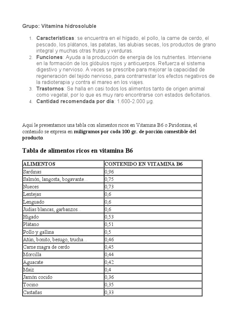 Tabla de Alimentos Ricos en Vitamina B6 | PDF