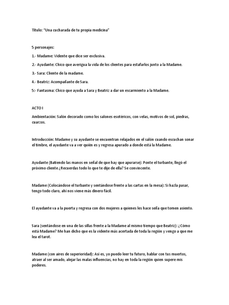 Una Cucharada de Tu Propia Medicina (Obra de Teatro) | PDF