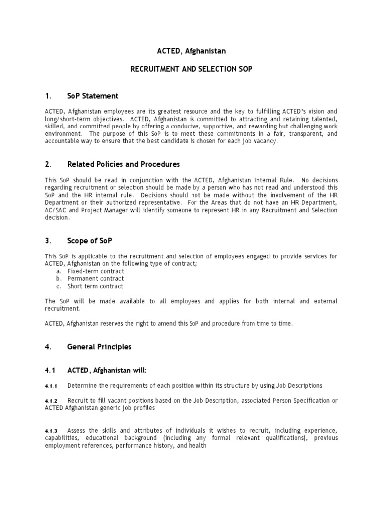 ACTED Afghanistan Recruitment SOP | PDF | Recruitment | Employment