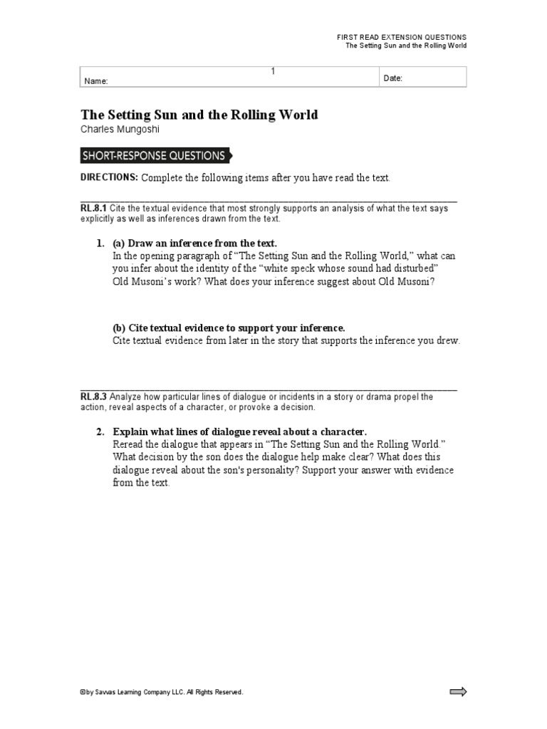 The Setting Sun and The Rolling World: Complete The Following Items ...