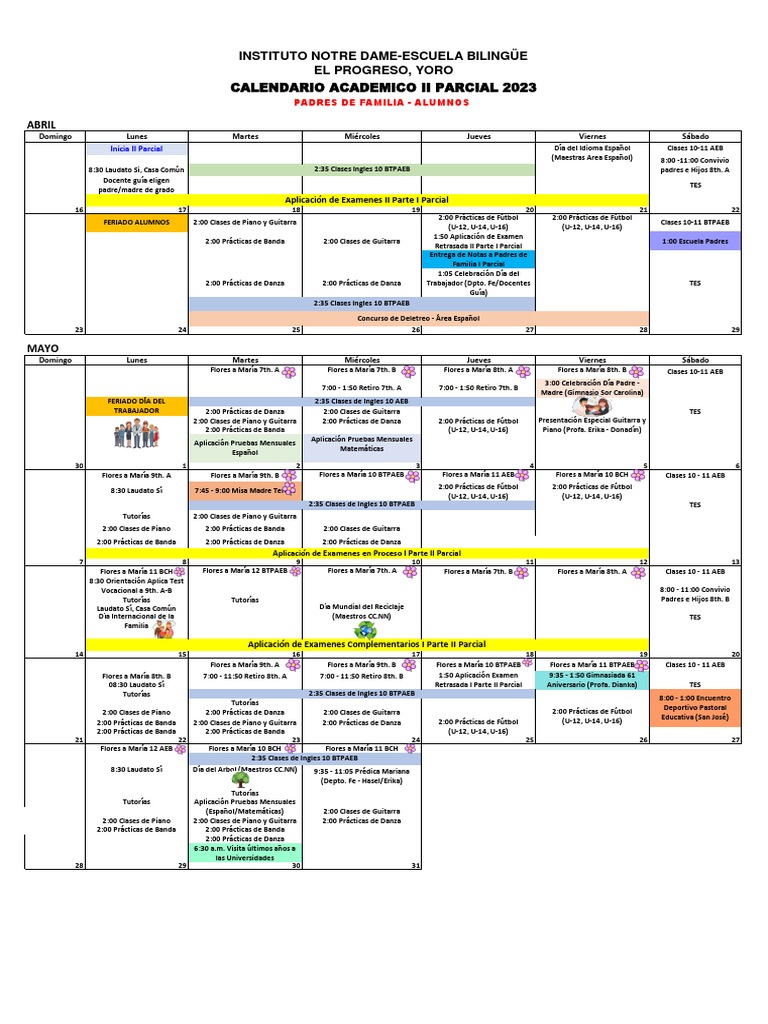 Instituto Notre Dame-Escuela Bilingüe El Progreso, Yoro Calendario ...