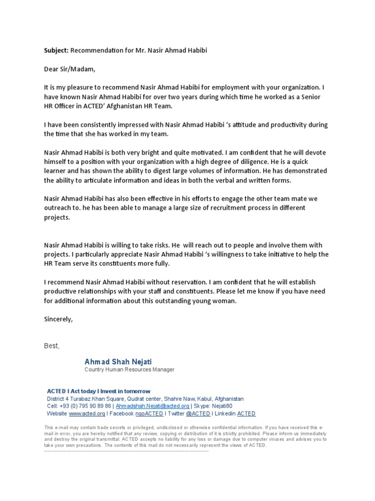 Nasir Ahmad Recommendtion Letter | PDF