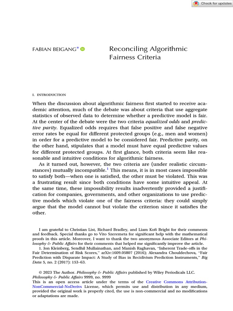 Philosophy Public Affairs - 2023 - Beigang - Reconciling Algorithmic Fairness Criteria | PDF ...