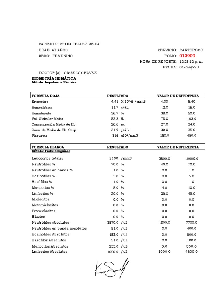 Biometría Hemática: Formula Roja Resultado Valor de Referencia | PDF ...