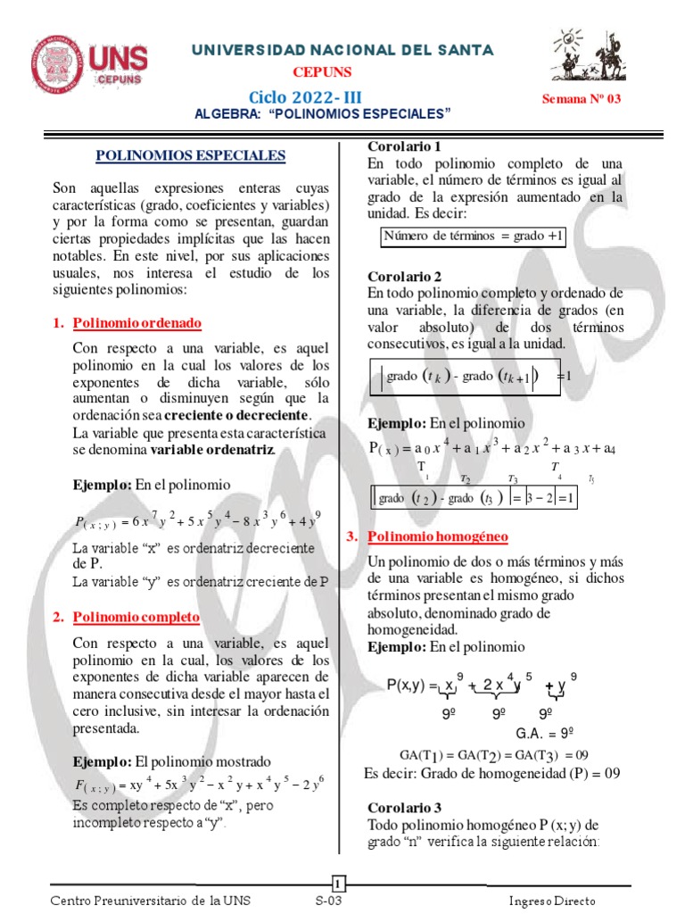 Polinomio especialSEMANA 03.PDF. 17.01.2022-III | PDF | Matemáticas De La Computación | Matemáticas