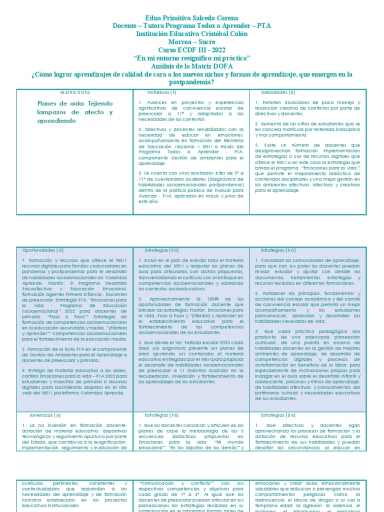 Matriz DOFA - Edna Salcedo | PDF | Educación de la primera infancia ...